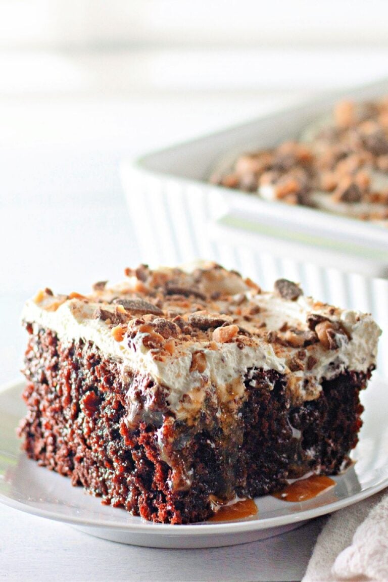 Heath Bar Poke Cake – Moist Chocolate Cake with Caramel and Toffee